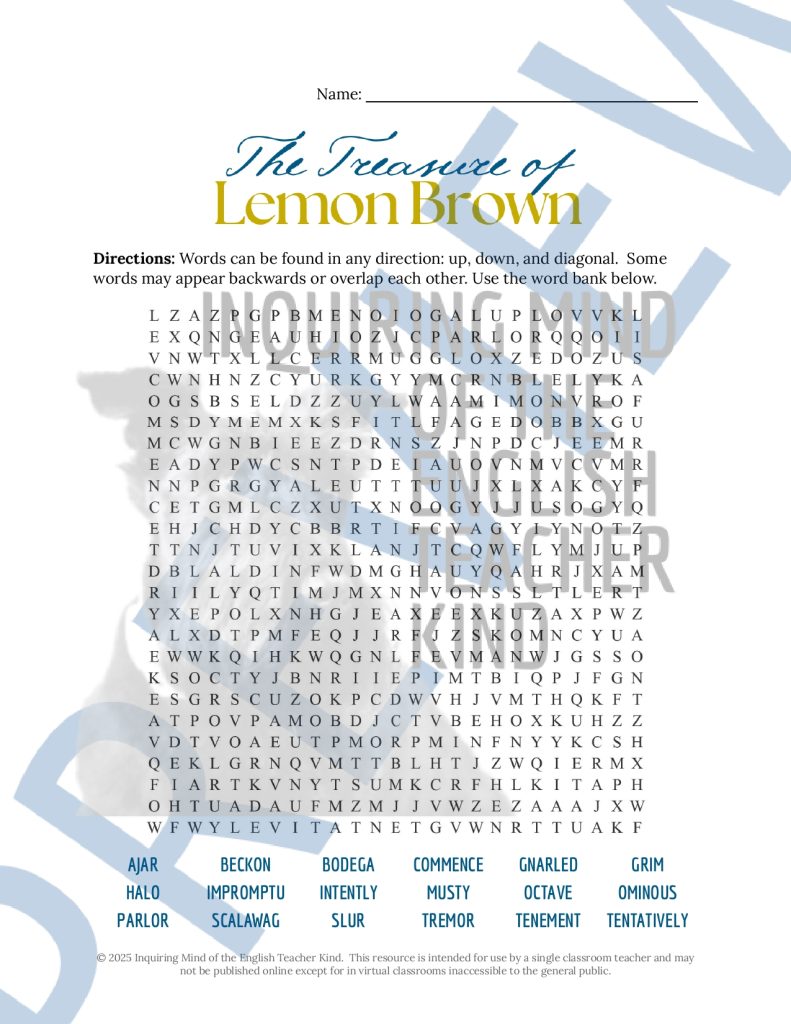 "The Treasure of Lemon Brown" Quiz, Analysis Worksheet, and Vocabulary ...