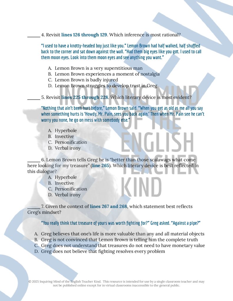"The Treasure of Lemon Brown" Quiz, Analysis Worksheet, and Vocabulary ...
