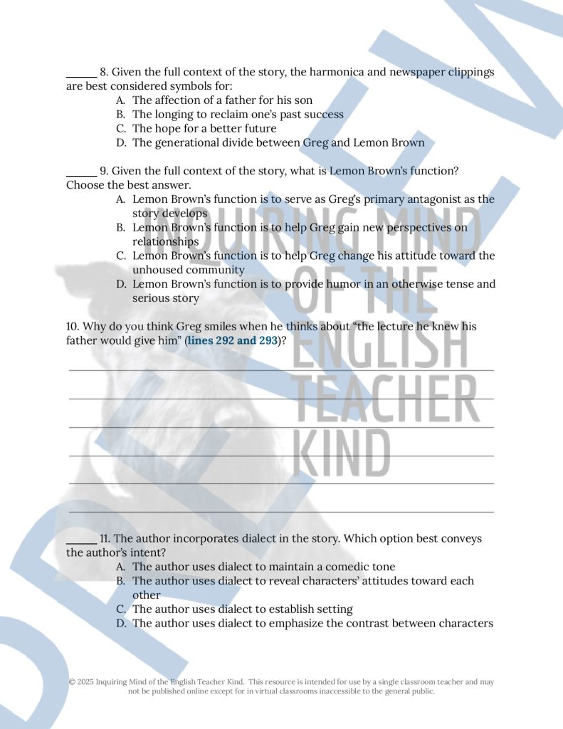 "The Treasure of Lemon Brown" Quiz, Analysis Worksheet, and Vocabulary ...