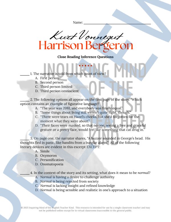 "Harrison Bergeron" by Kurt Vonnegut Close Reading Worksheet | Made By ...