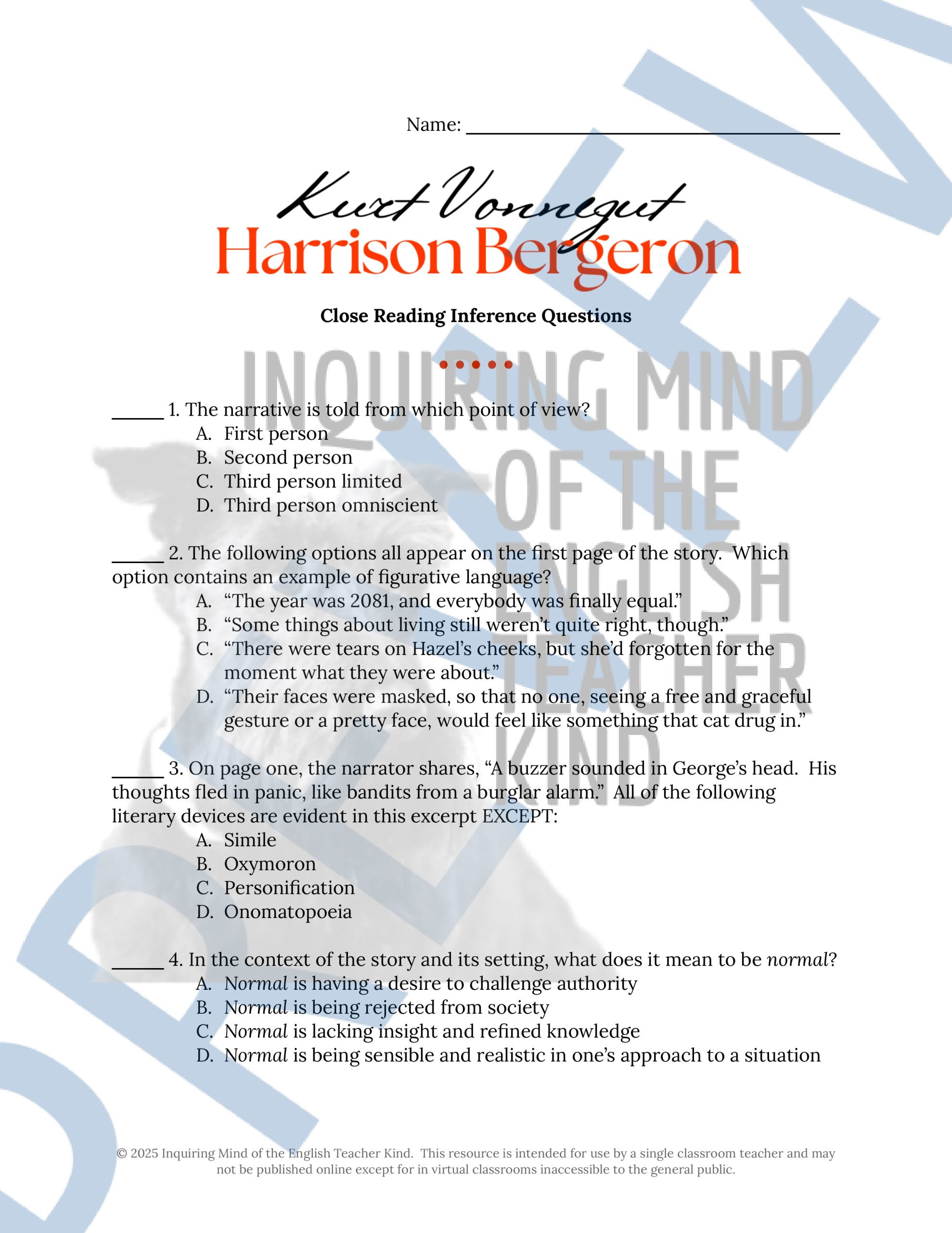 "Harrison Bergeron" by Kurt Vonnegut Close Reading Worksheet | Made By ...