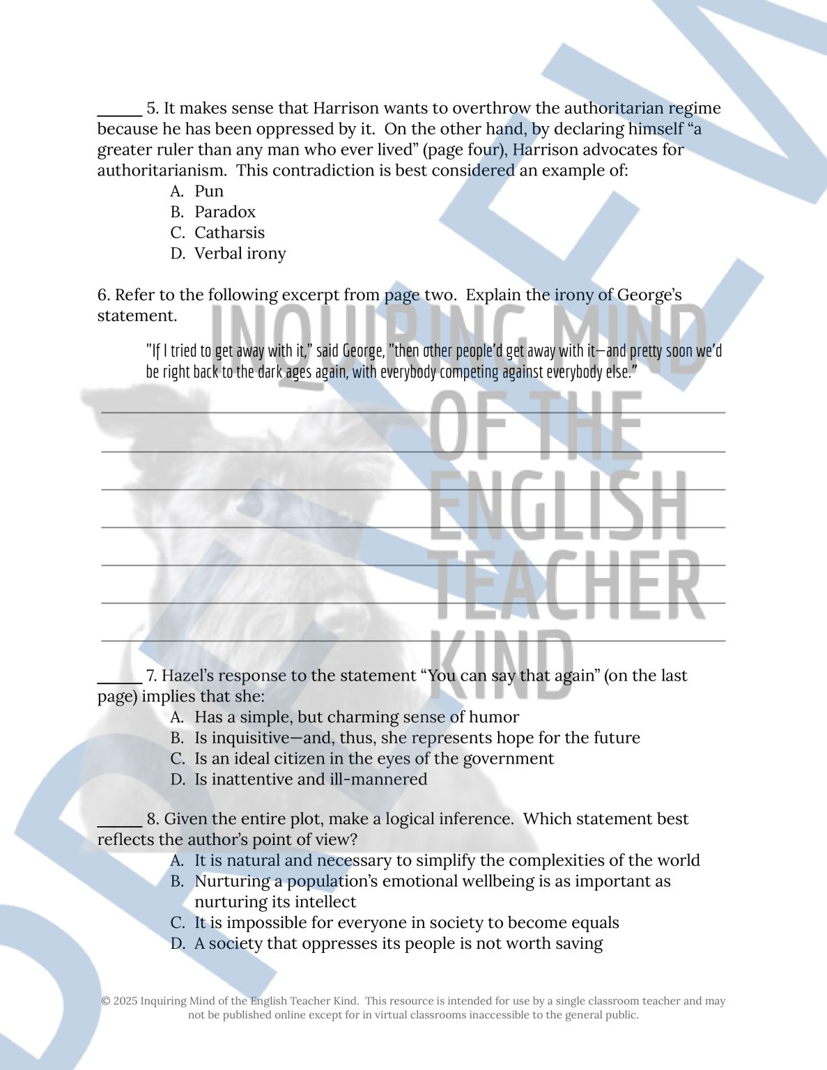"Harrison Bergeron" by Kurt Vonnegut Close Reading Worksheet - Made By ...