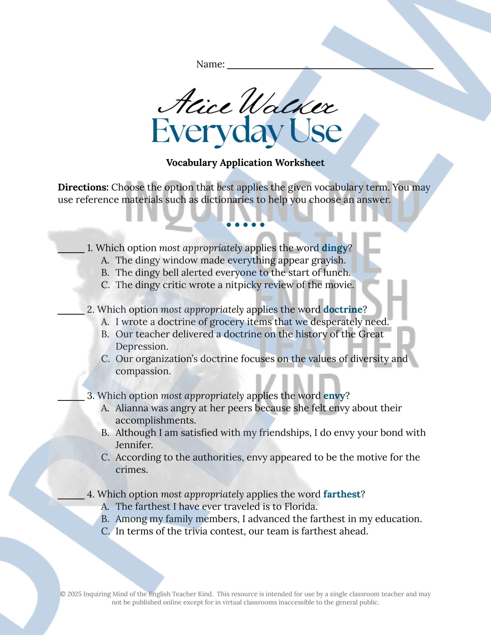 "Everyday Use" by Alice Walker Quiz, Analysis Worksheet, and Vocabulary ...