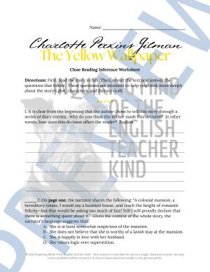 "The Yellow Wallpaper" Close Reading Analysis Worksheet for High School ...