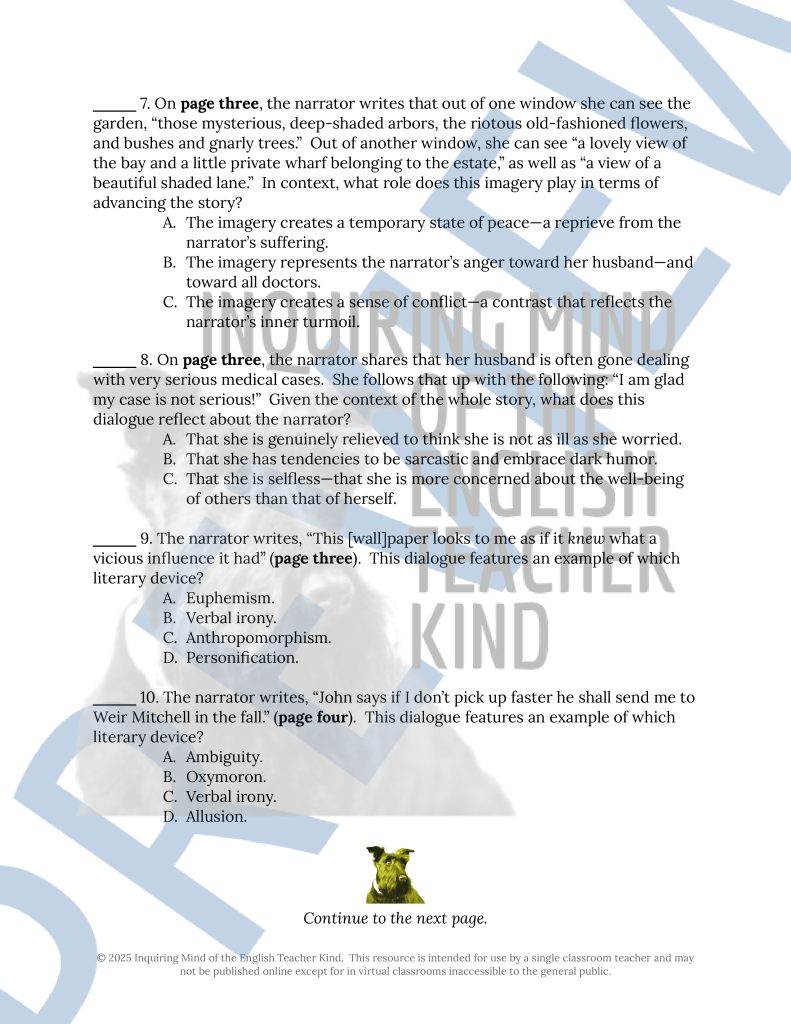 "The Yellow Wallpaper" Close Reading Analysis Worksheet for High School ...