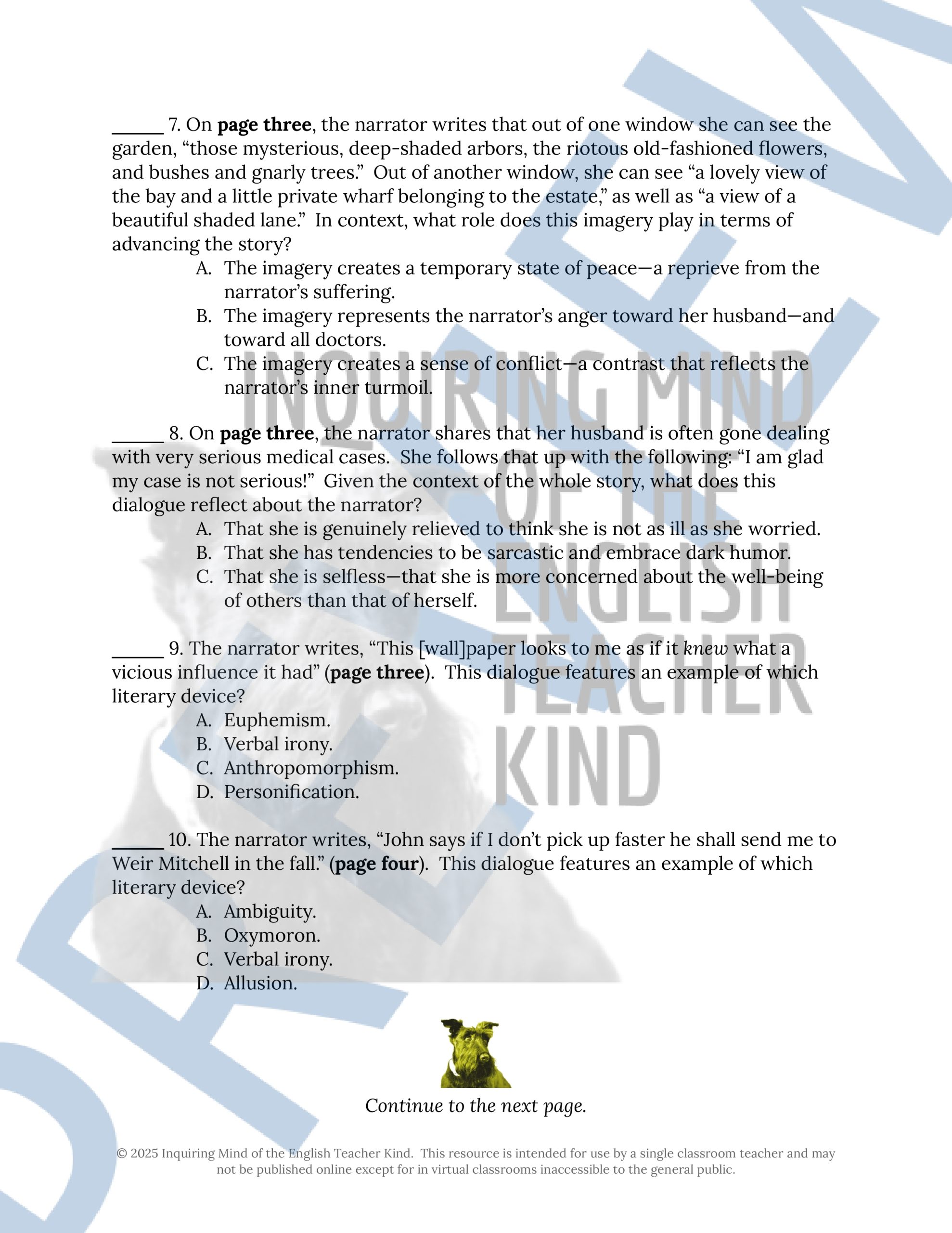 "The Yellow Wallpaper" Close Reading Analysis Worksheet for High School ...