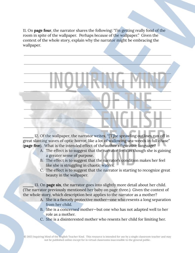 "The Yellow Wallpaper" Close Reading Analysis Worksheet for High School ...