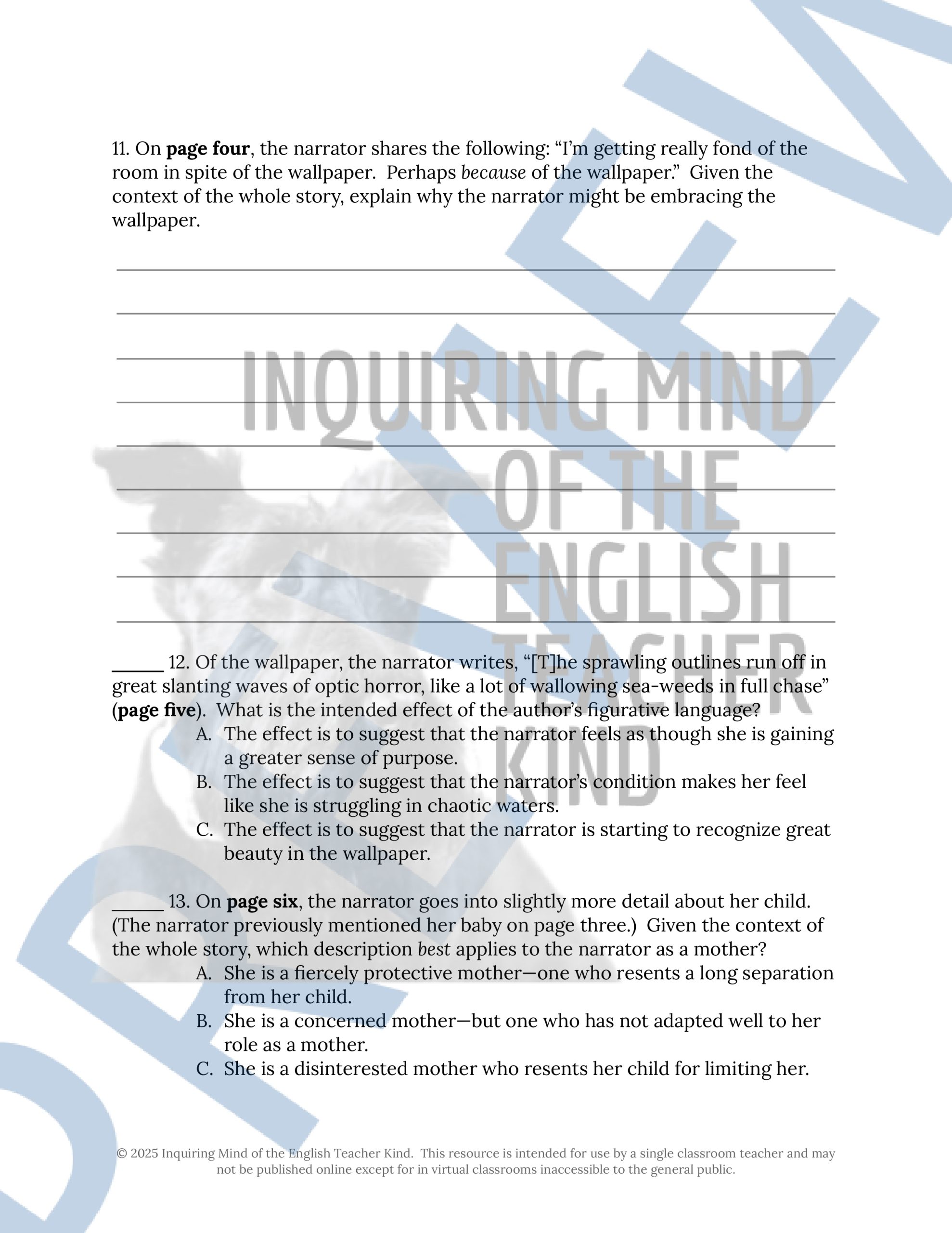 "The Yellow Wallpaper" Close Reading Analysis Worksheet for High School ...