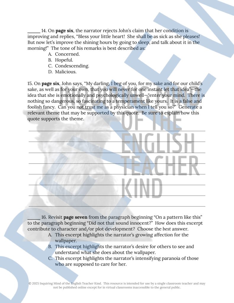 "The Yellow Wallpaper" Close Reading Analysis Worksheet for High School ...