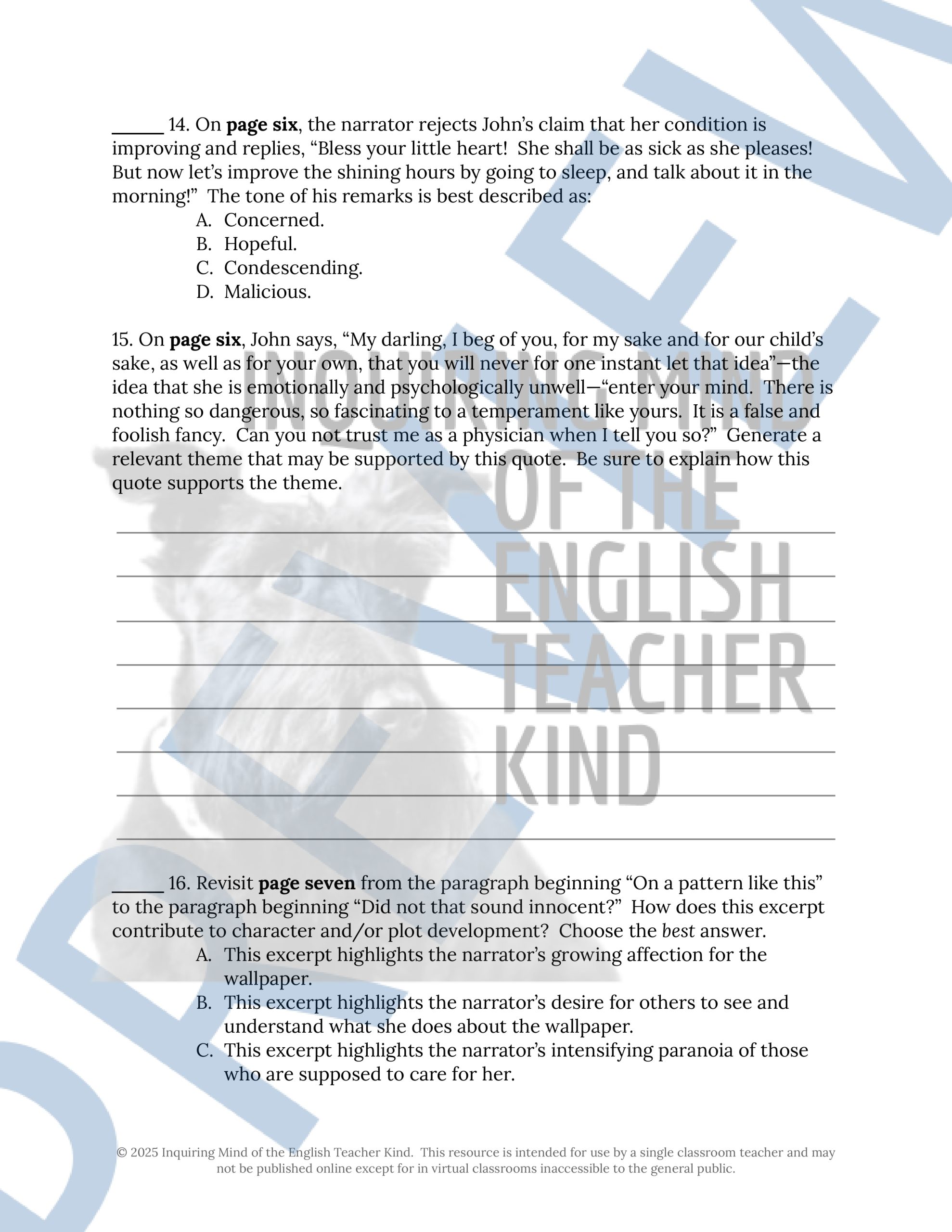 "The Yellow Wallpaper" Close Reading Analysis Worksheet for High School ...