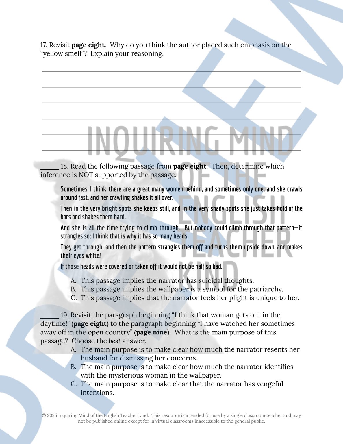 "The Yellow Wallpaper" Close Reading Analysis Worksheet for High School ...