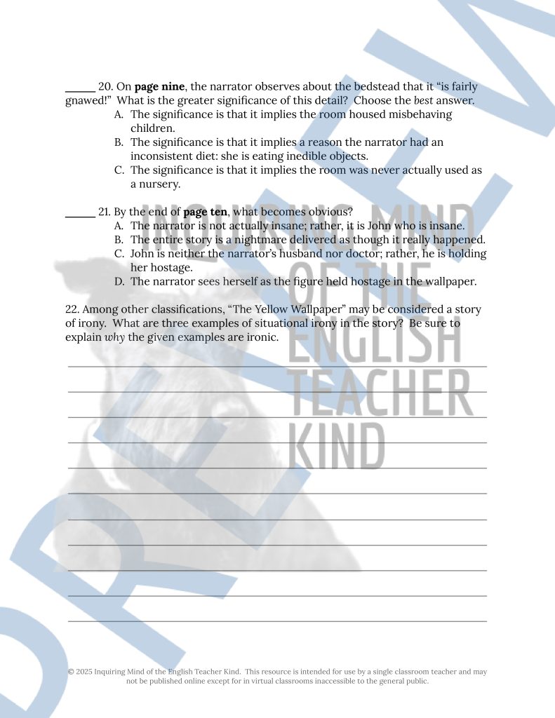 "The Yellow Wallpaper" Close Reading Analysis Worksheet for High School ...