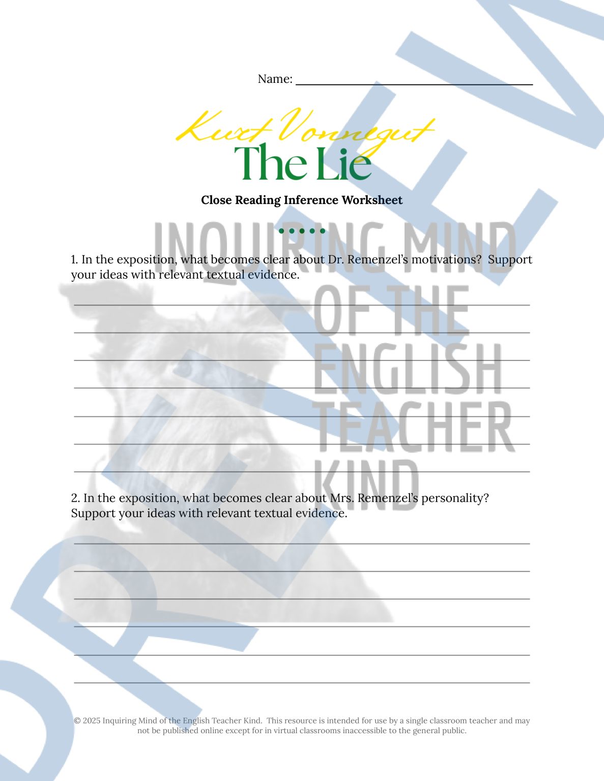 "The Lie" by Kurt Vonnegut Quiz, Analysis Worksheet, and Vocabulary ...
