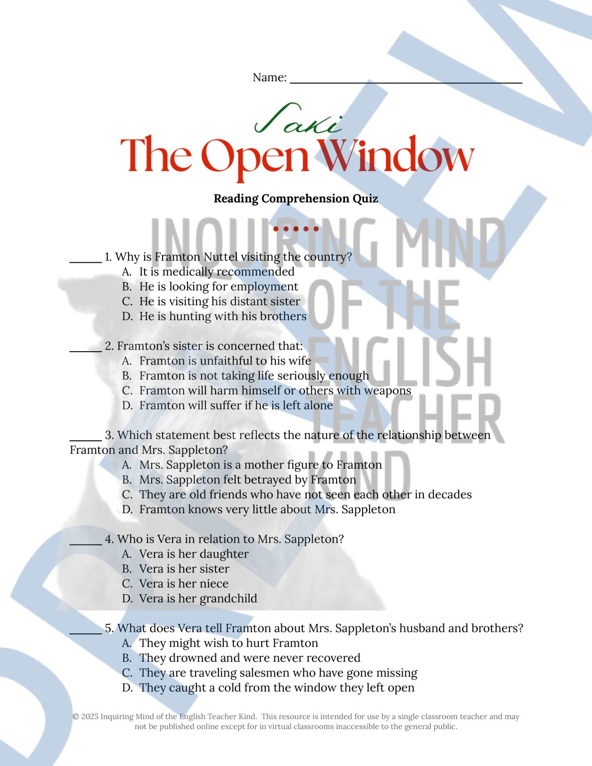 "The Open Window" by Saki Quiz and Answer Key for High School - Made By ...