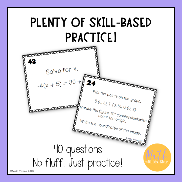 8th Grade Pre Algebra End of Year Review Test Prep Task Cards EOY State ...