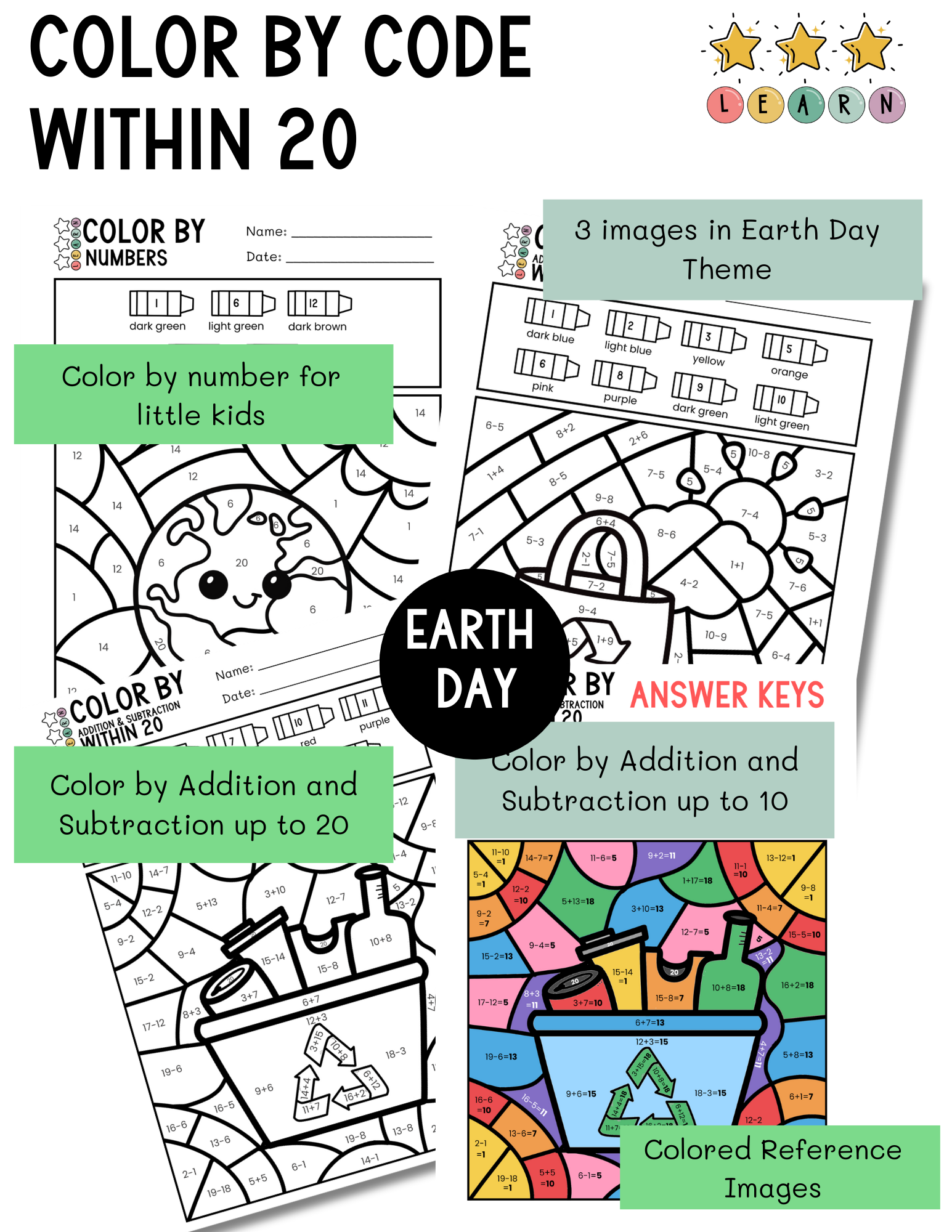Earth Day Color by Number | Addition & Subtraction Color by Number | up ...