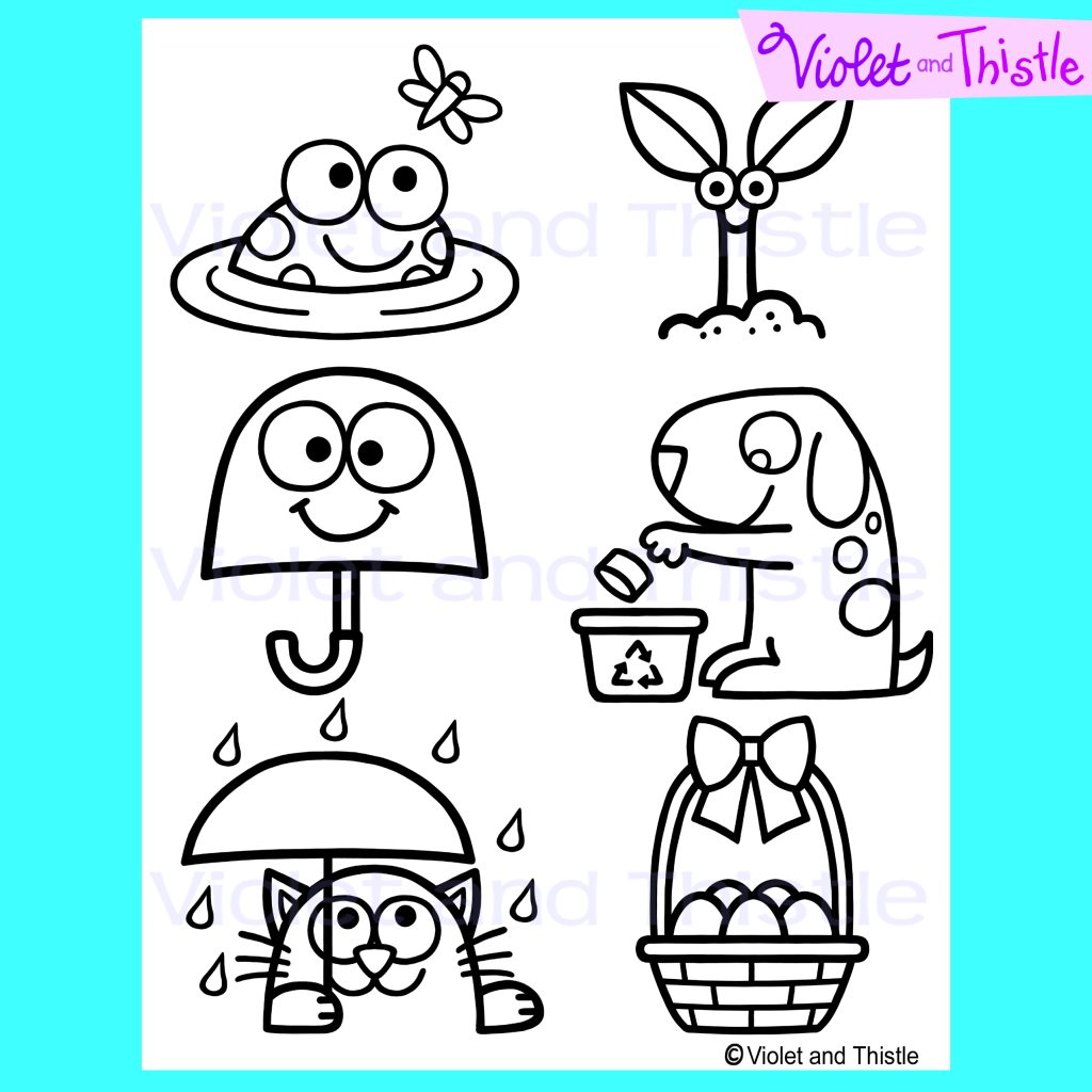 Directed Drawing Spring April Easter Frog in Pond Cat Umbrella Dog ...