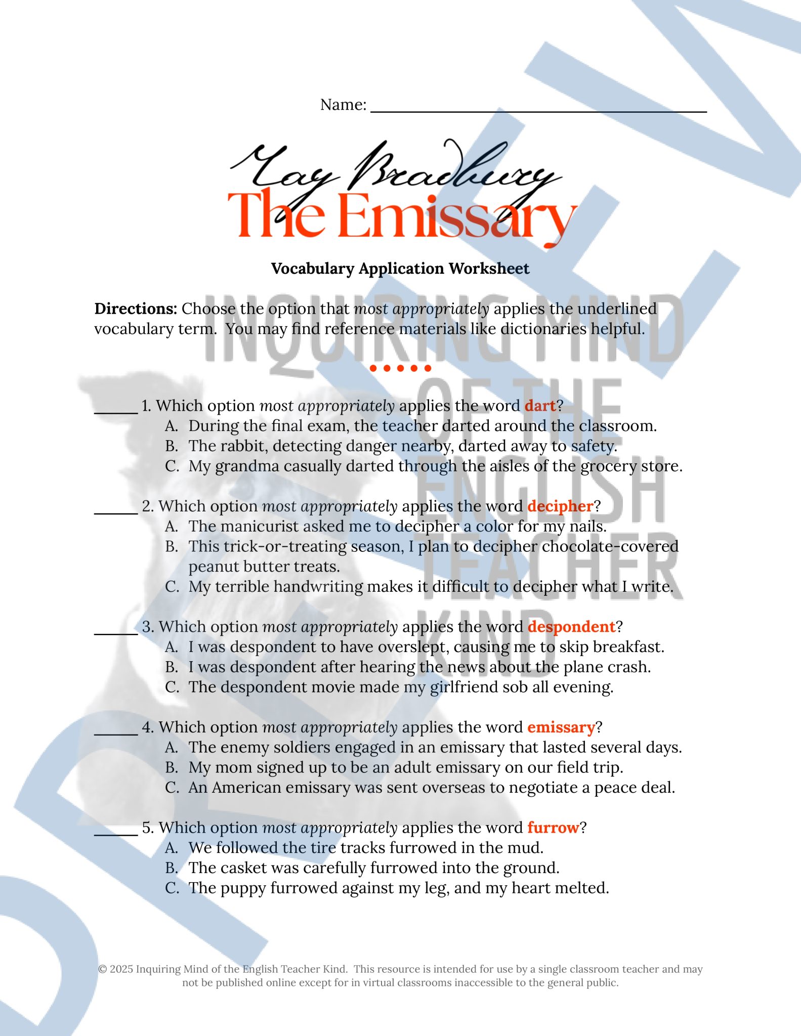 "The Emissary" by Ray Bradbury Vocabulary Activities for High School ...
