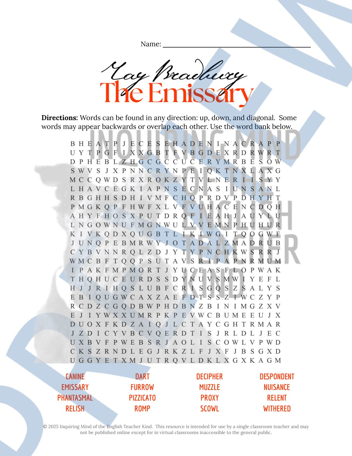 "The Emissary" by Ray Bradbury Vocabulary Activities for High School ...
