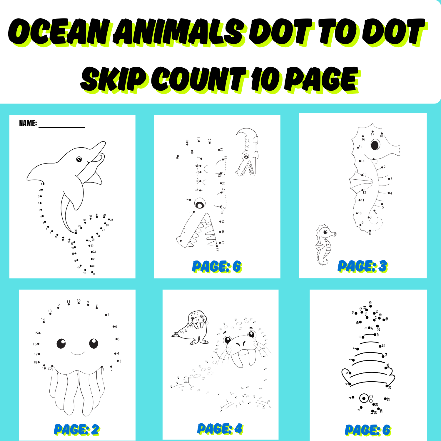 Dot to Dot Skip Counting 10 Worksheets - Ocean Animals Connect the Dots ...