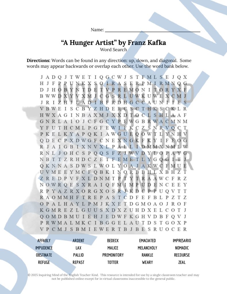 "A Hunger Artist" by Franz Kafka Quiz, Analysis Worksheet, and ...
