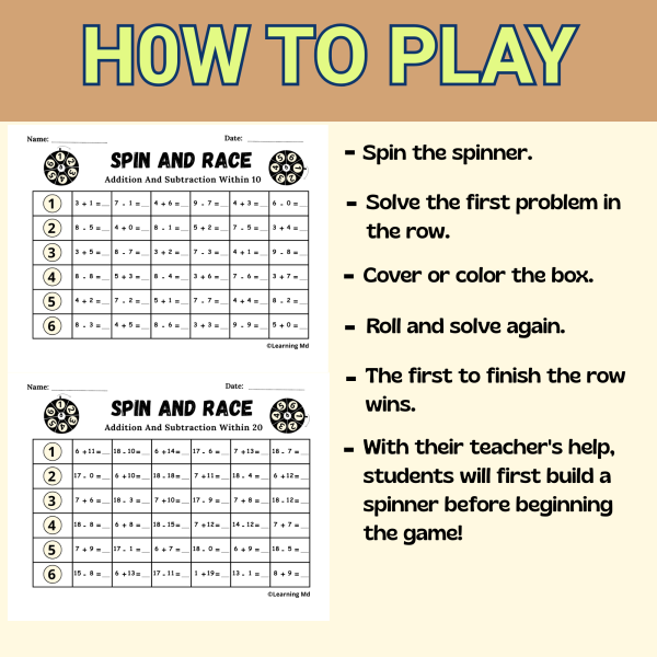 Spin and Race Math Game – Addition and Subtraction within 20 - Made By ...