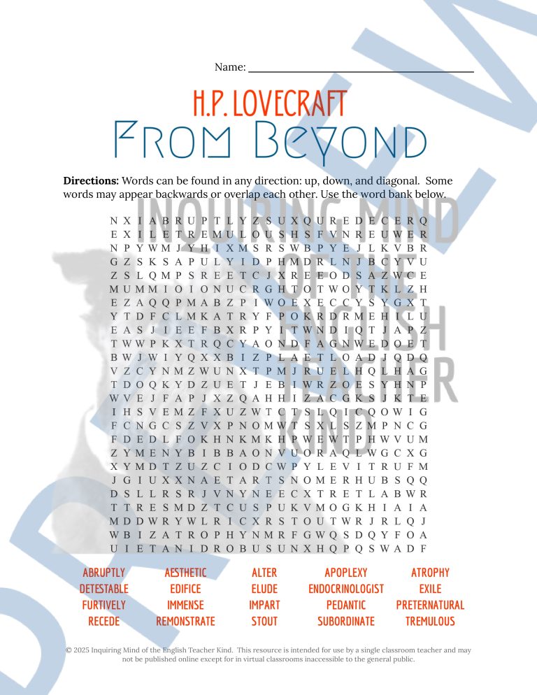 "From Beyond" by H.P. Lovecraft College Readiness Vocabulary Activities ...