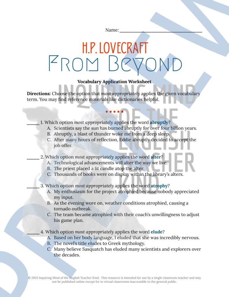 "From Beyond" by H.P. Lovecraft Quiz, Analysis Worksheet, and ...
