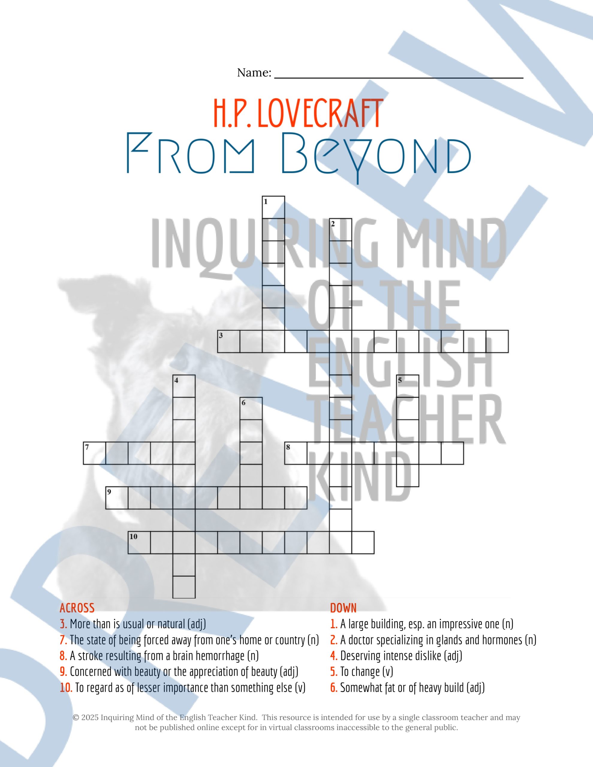 "From Beyond" by H.P. Lovecraft Quiz, Analysis Worksheet, and ...
