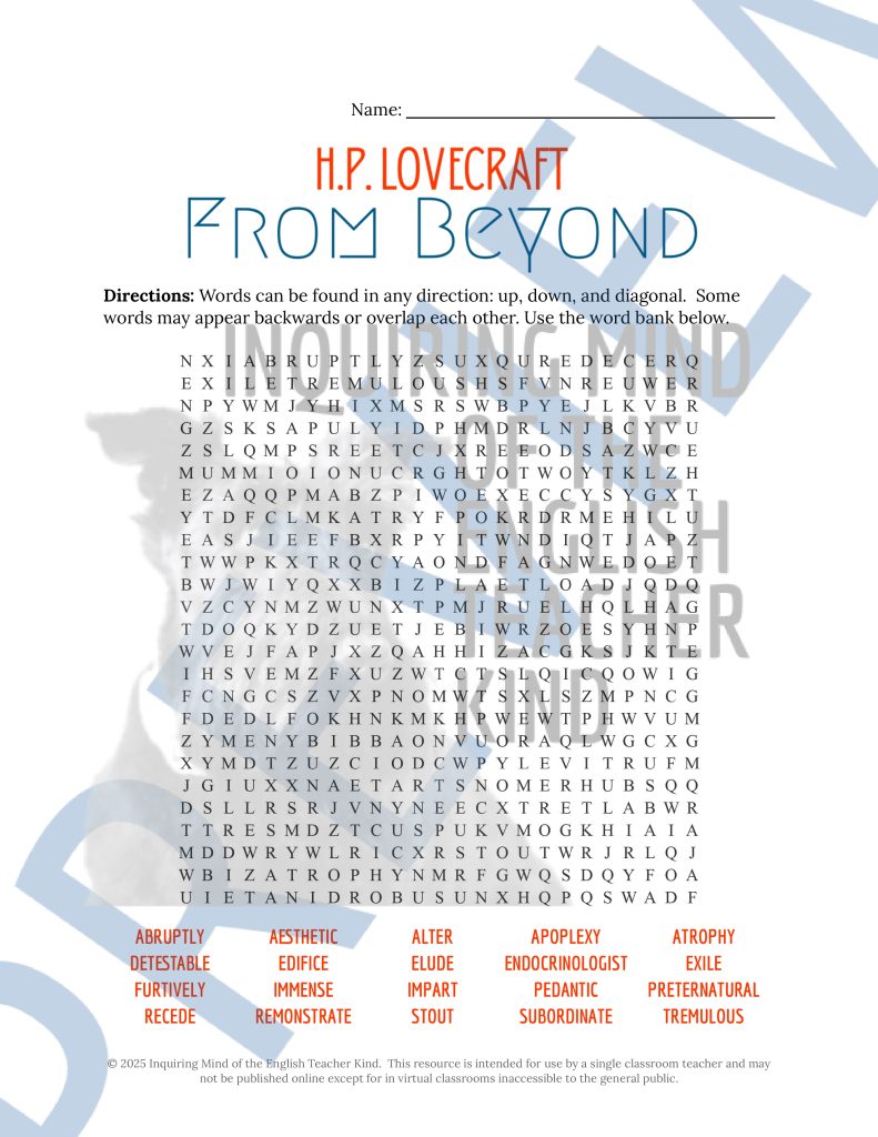 "From Beyond" by H.P. Lovecraft Quiz, Analysis Worksheet, and ...