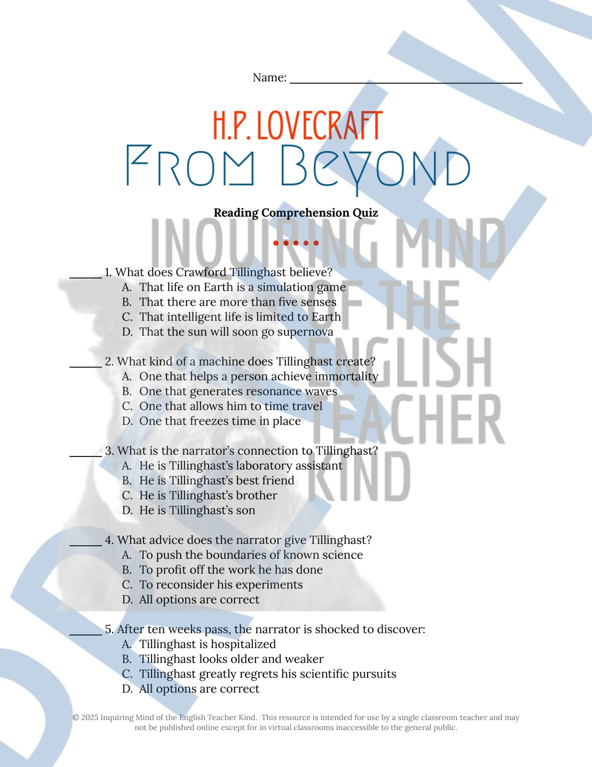 "From Beyond" by H.P. Lovecraft Quiz, Analysis Worksheet, and ...