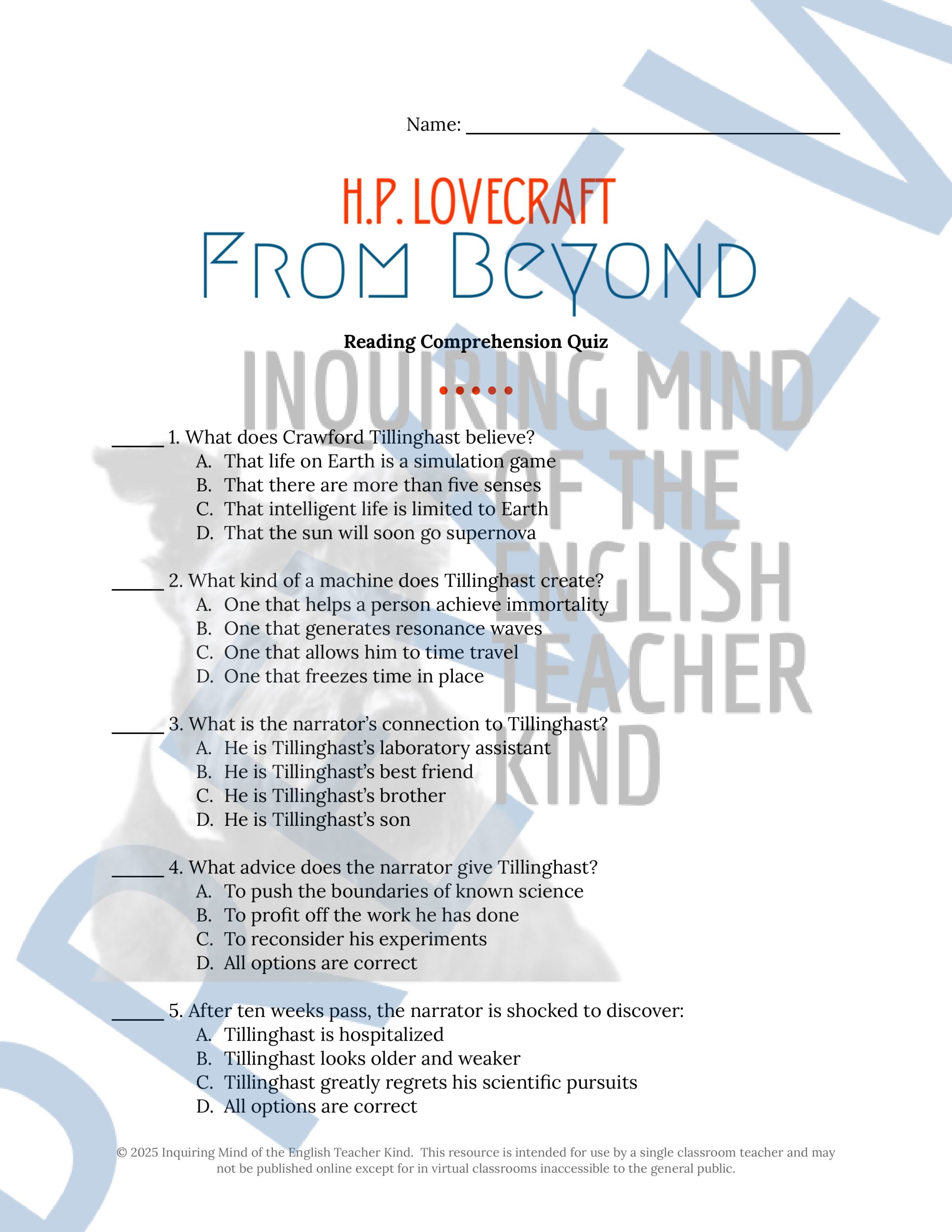 "From Beyond" by H.P. Lovecraft Quiz, Analysis Worksheet, and ...