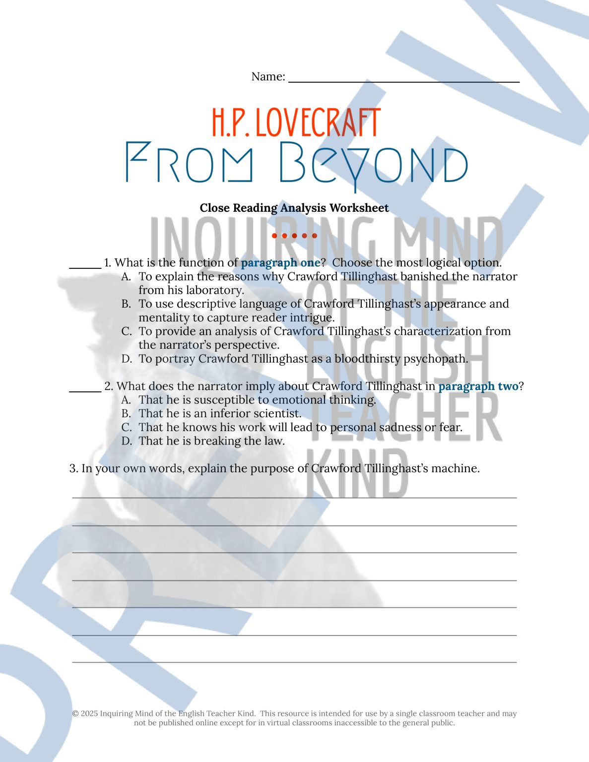 "From Beyond" by H.P. Lovecraft Quiz, Analysis Worksheet, and ...