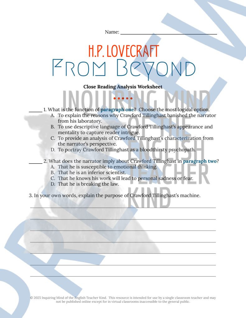 "From Beyond" by H.P. Lovecraft Quiz, Analysis Worksheet, and ...