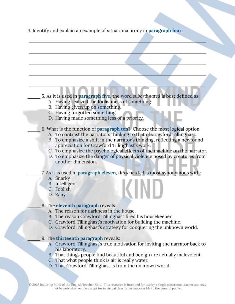 "From Beyond" by H.P. Lovecraft Quiz, Analysis Worksheet, and ...