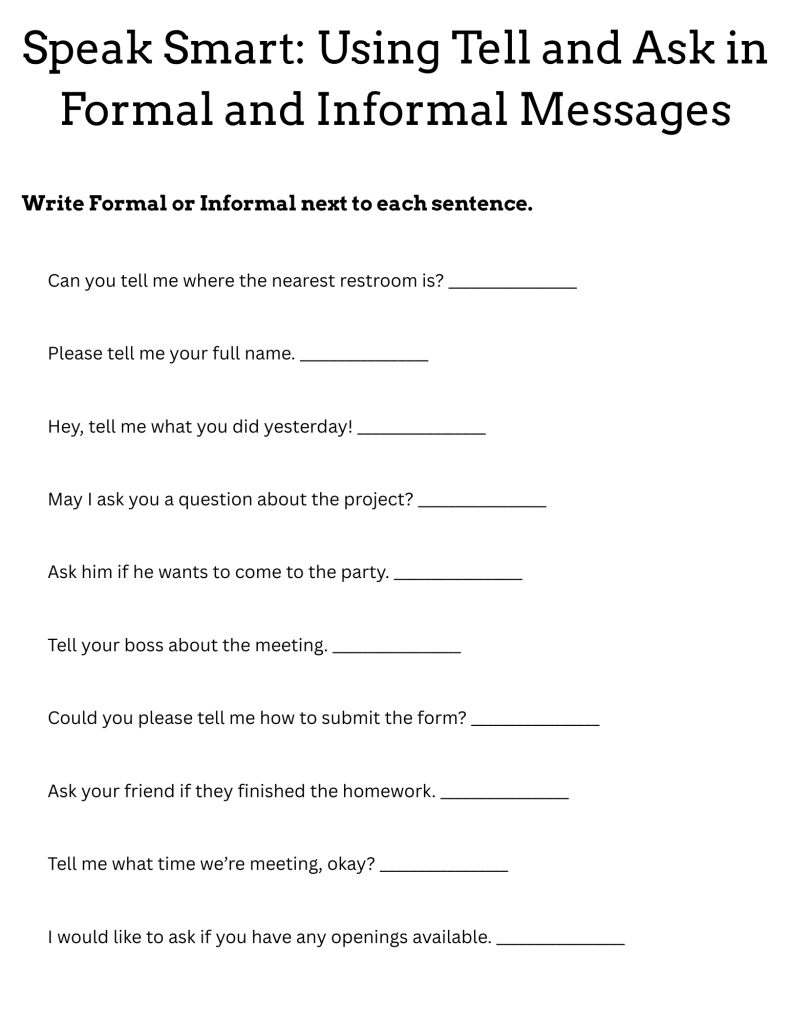formal and informal messages with tell and ask exercises worksheet ...