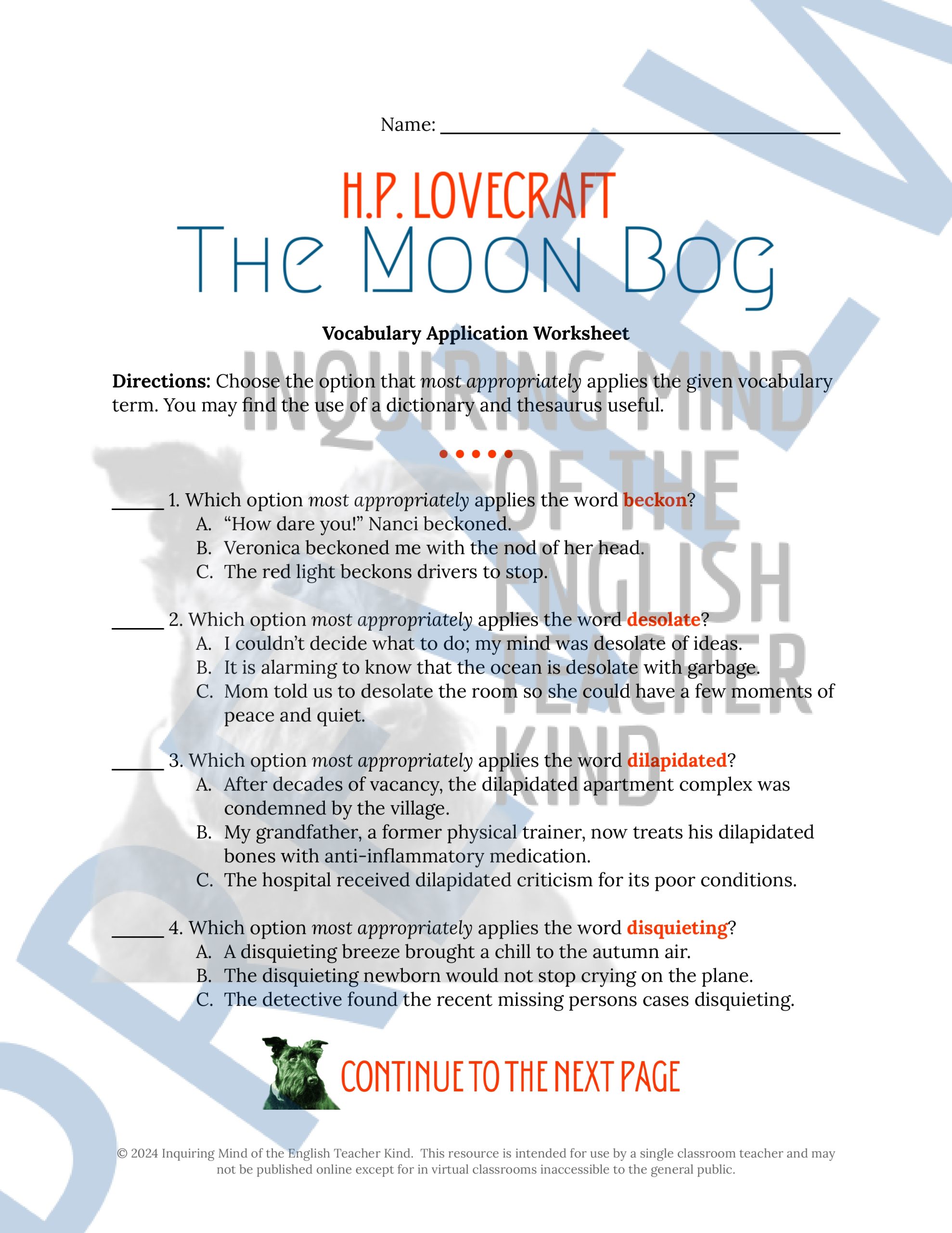 "The Moon Bog" by H.P. Lovecraft Quiz, Analysis Worksheet, and ...
