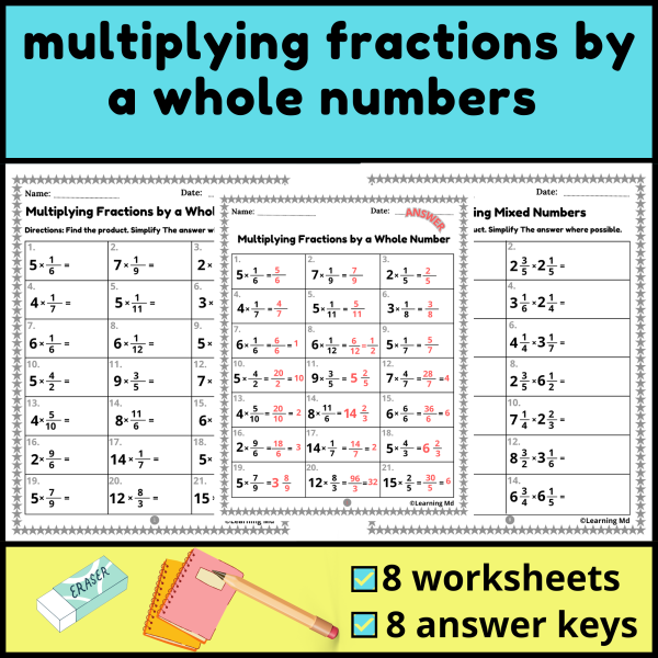 multiplying fractions by a whole numbers, fractions, mixed numbers ...