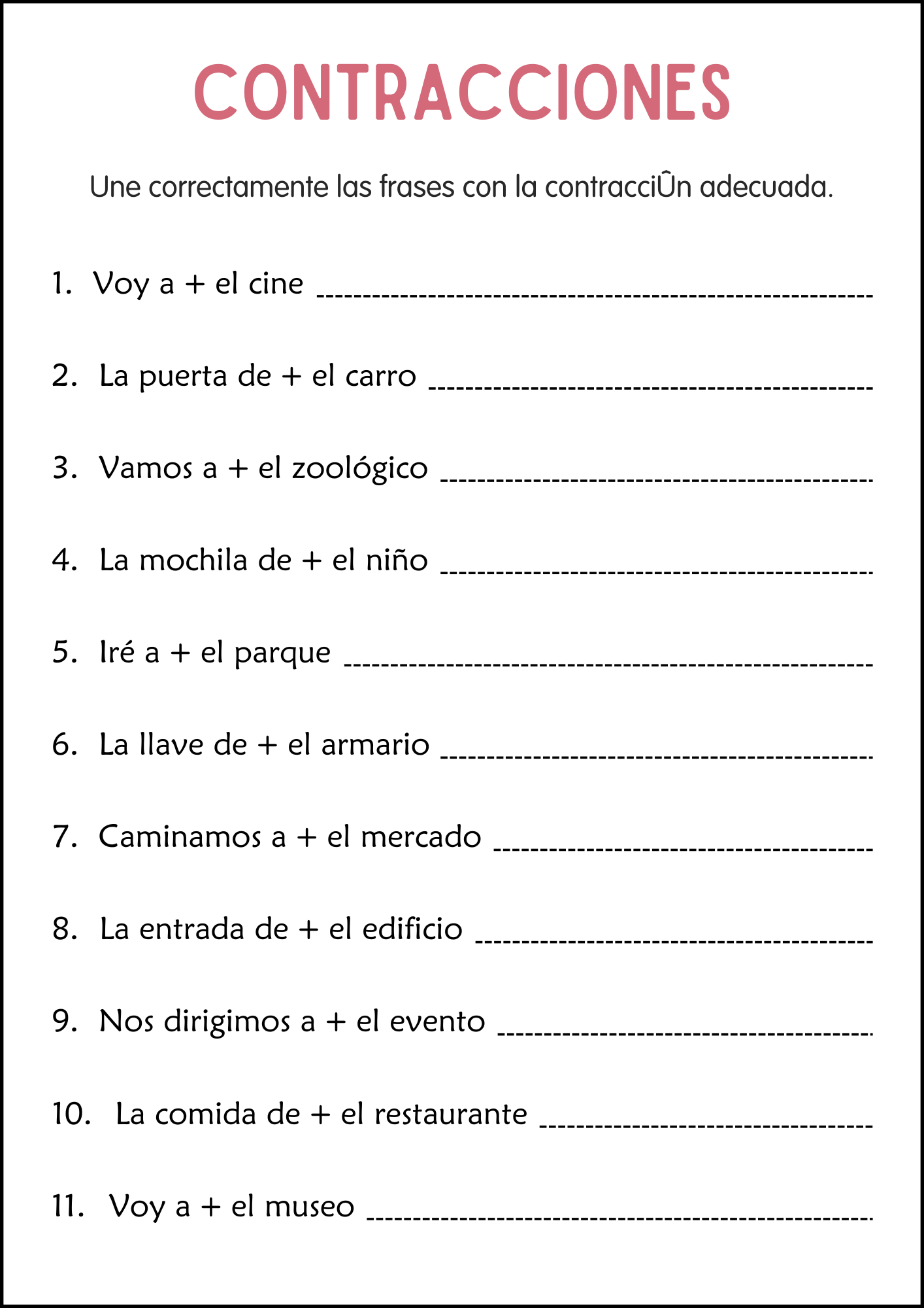 Contractions Grammar Worksheets in Spanish - Hojas de Trabajo de ...