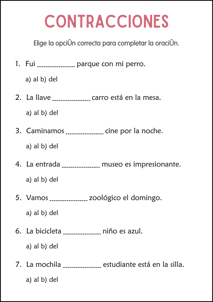 Contractions Grammar Worksheets in Spanish - Hojas de Trabajo de ...