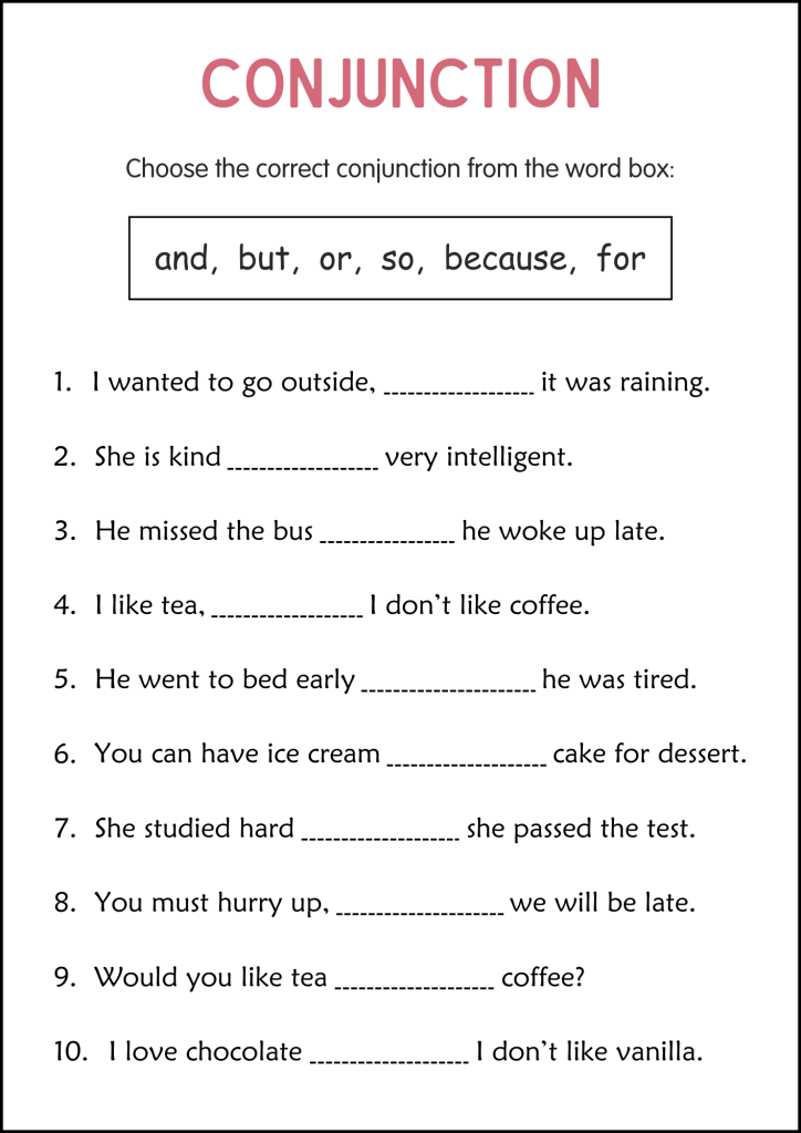 Printable Conjunction Grammar Activity Worksheets for Grade 2, 3, 4 ...