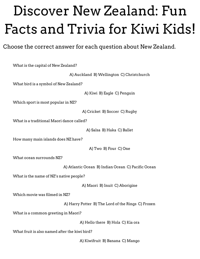 New Zealand trivia questions for kids | Made By Teachers