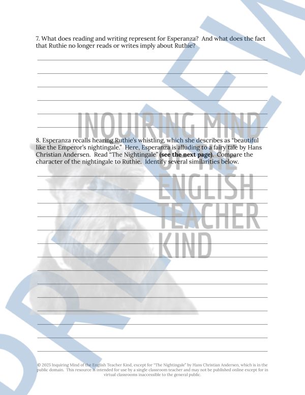 The House on Mango Street Close Reading Analysis Worksheet (Edna's ...