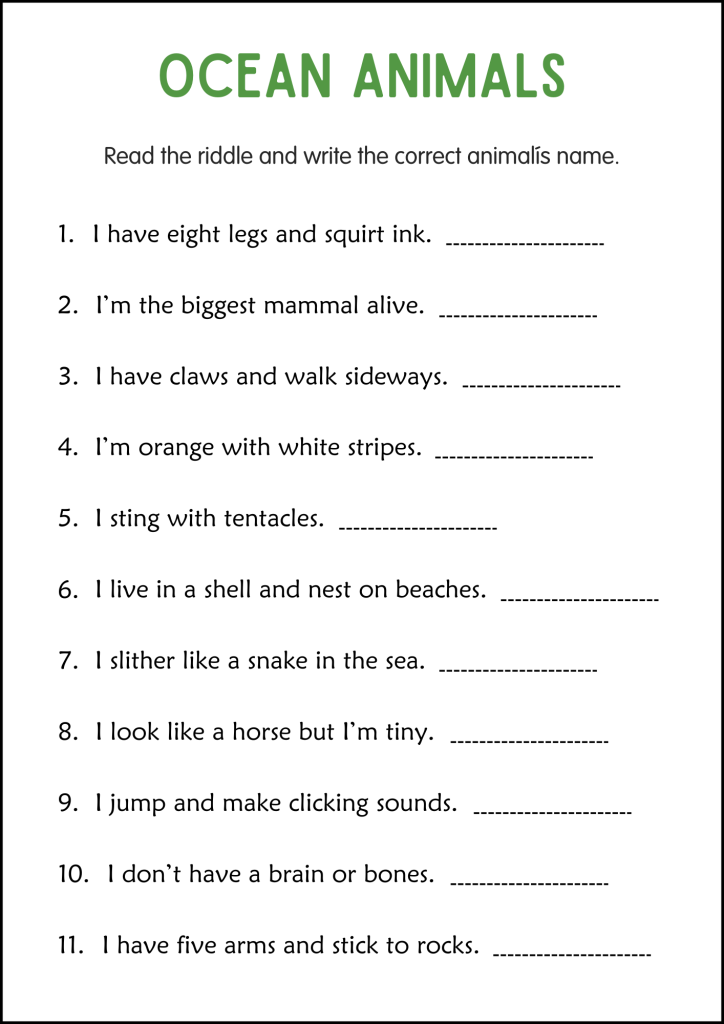 Printable Ocean Animals Activity Worksheets for Grade 2, 3, 4 - Sea ...