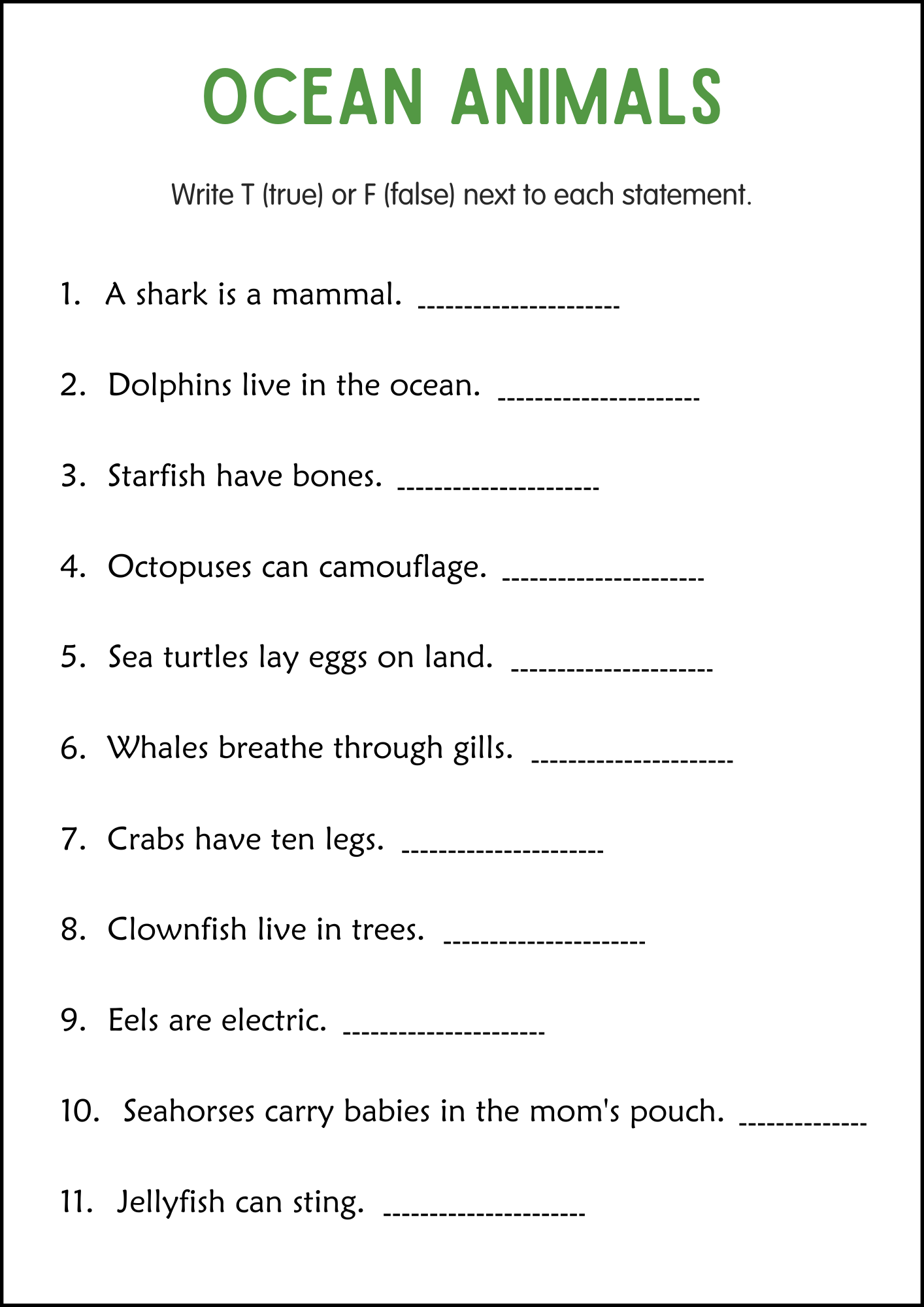 Printable Ocean Animals Activity Worksheets for Grade 2, 3, 4 - Sea ...