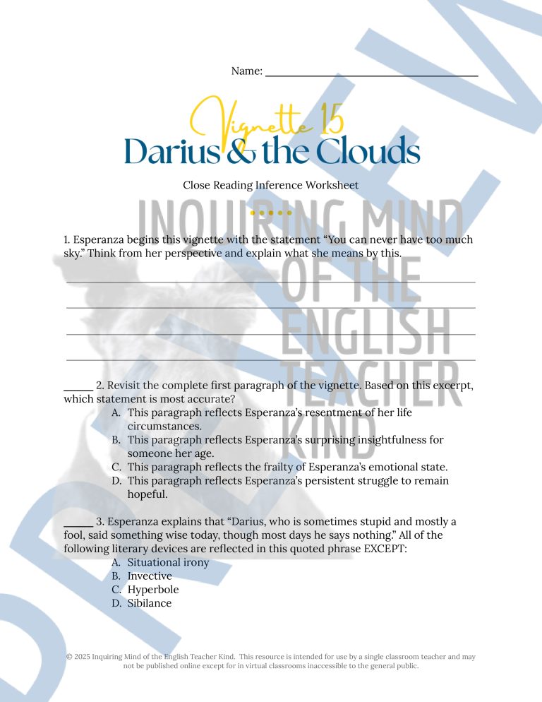 The House on Mango Street "Darius and the Clouds" Close Reading ...