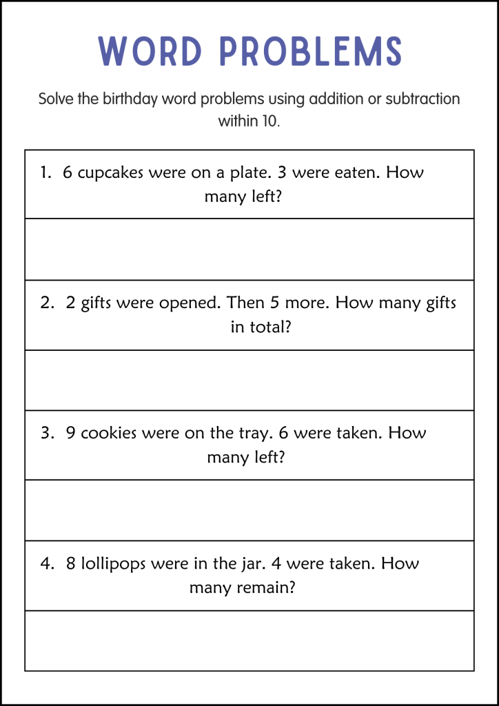Addition and Subtraction Word Problems Within 10 Worksheets for Grade 1 ...