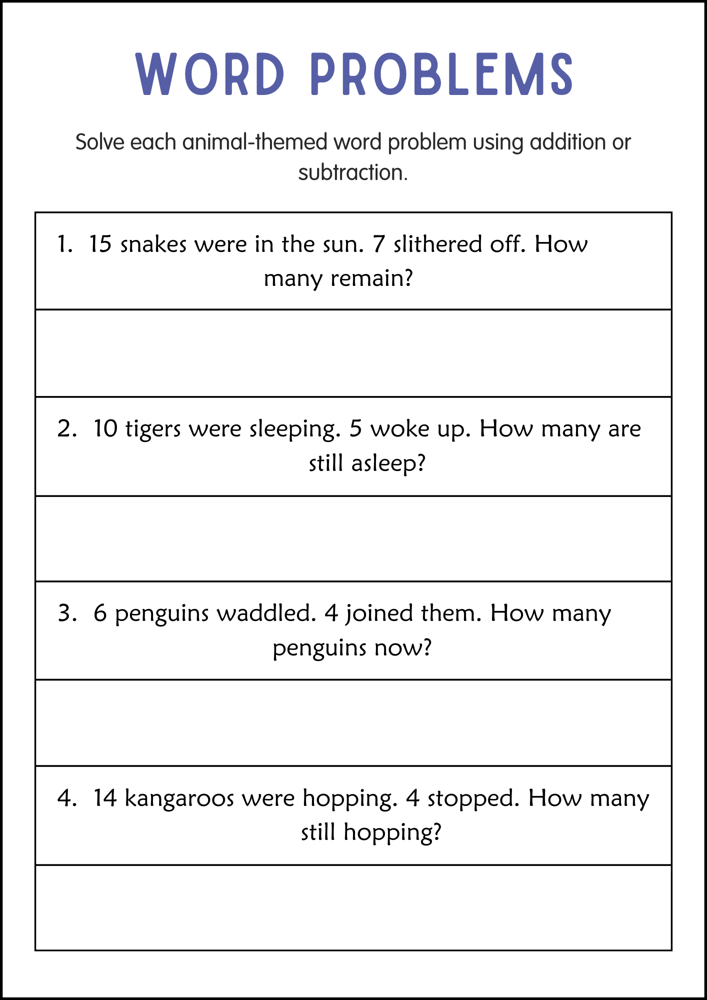Addition and Subtraction Word Problems Within 20 Worksheets for Grade 1 ...