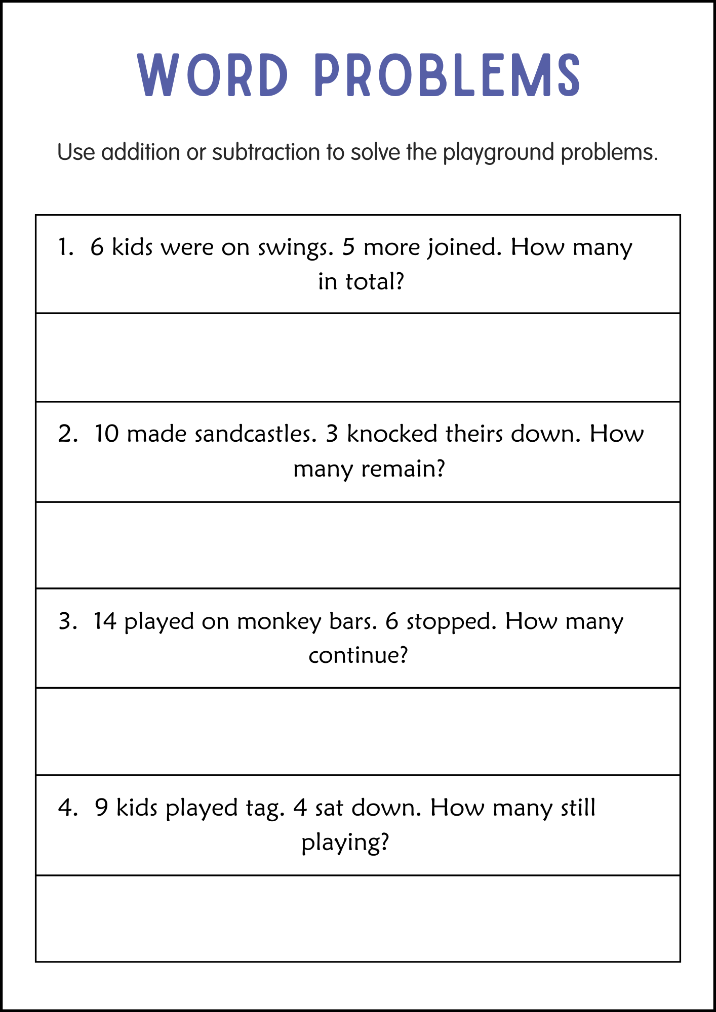 Addition and Subtraction Word Problems Within 20 Worksheets for Grade 1 ...