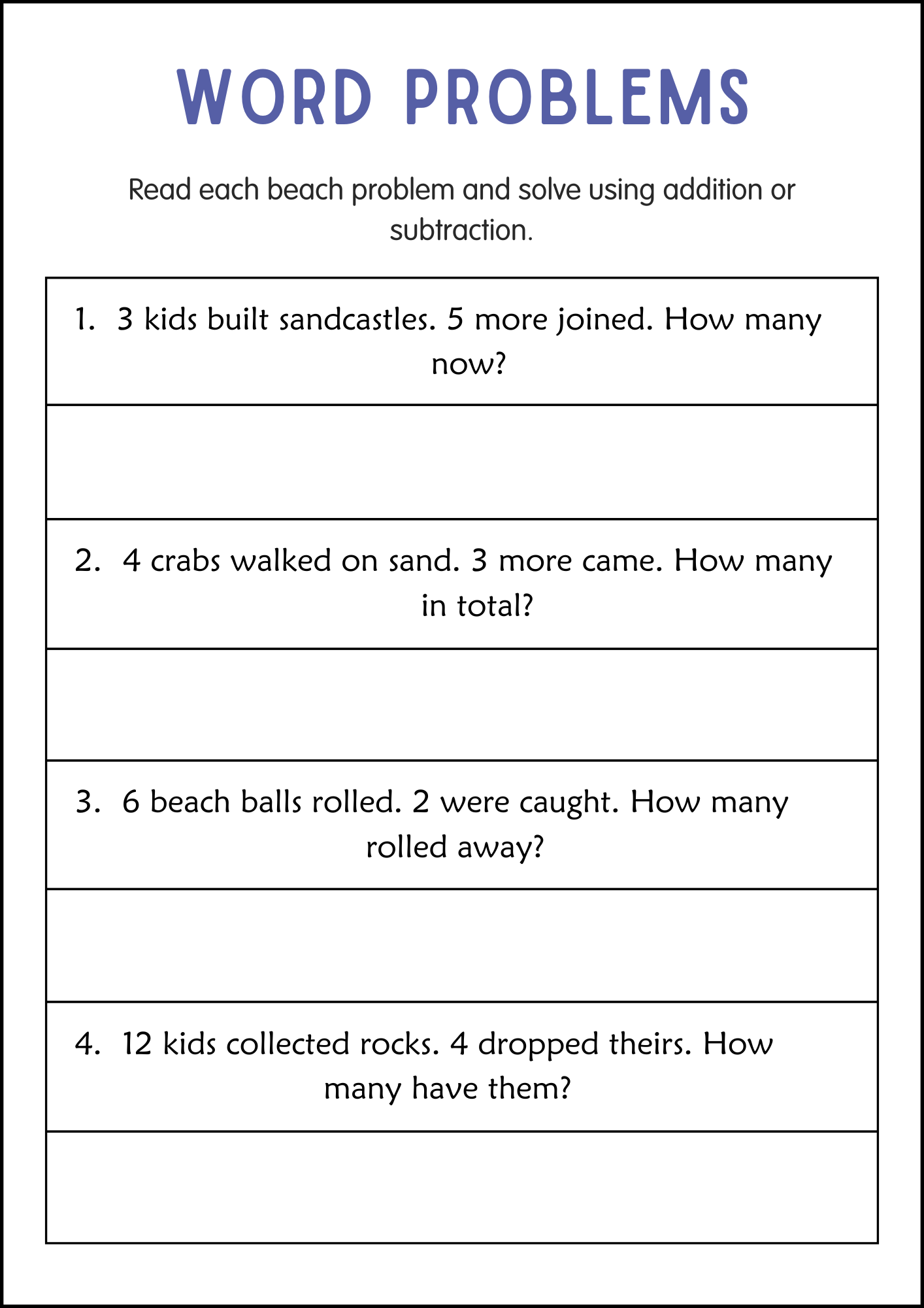 Addition and Subtraction Word Problems Within 20 Worksheets for Grade 1 ...